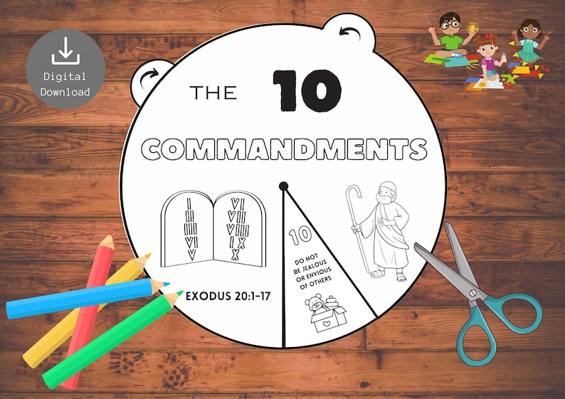 The Ten Commandments Bible Coloring Wheel Craft ENGLISH Printable Bible ...