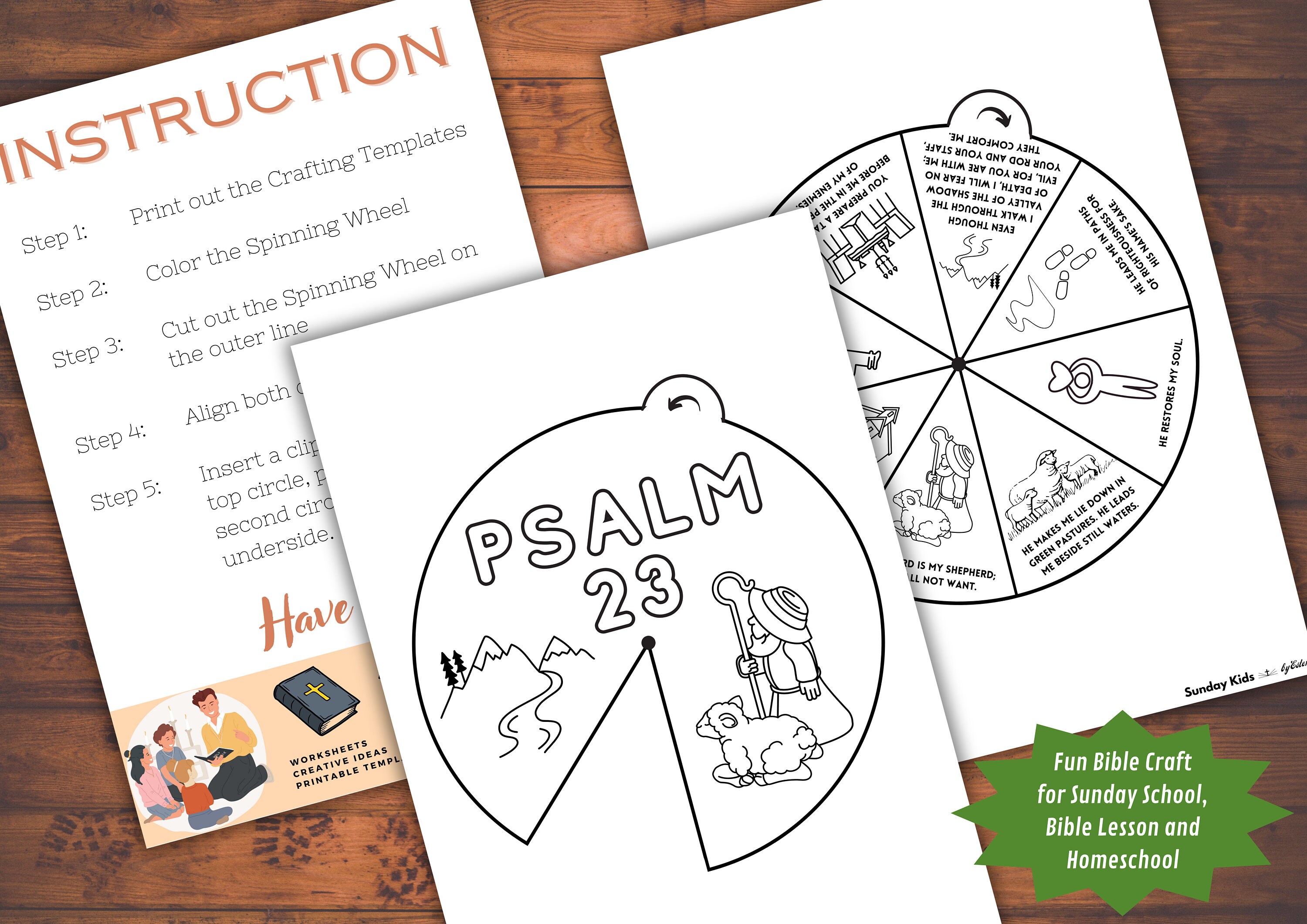 Psalm 23 Bible Coloring Wheel Craft ENGLISH Printable Bible Activity ...