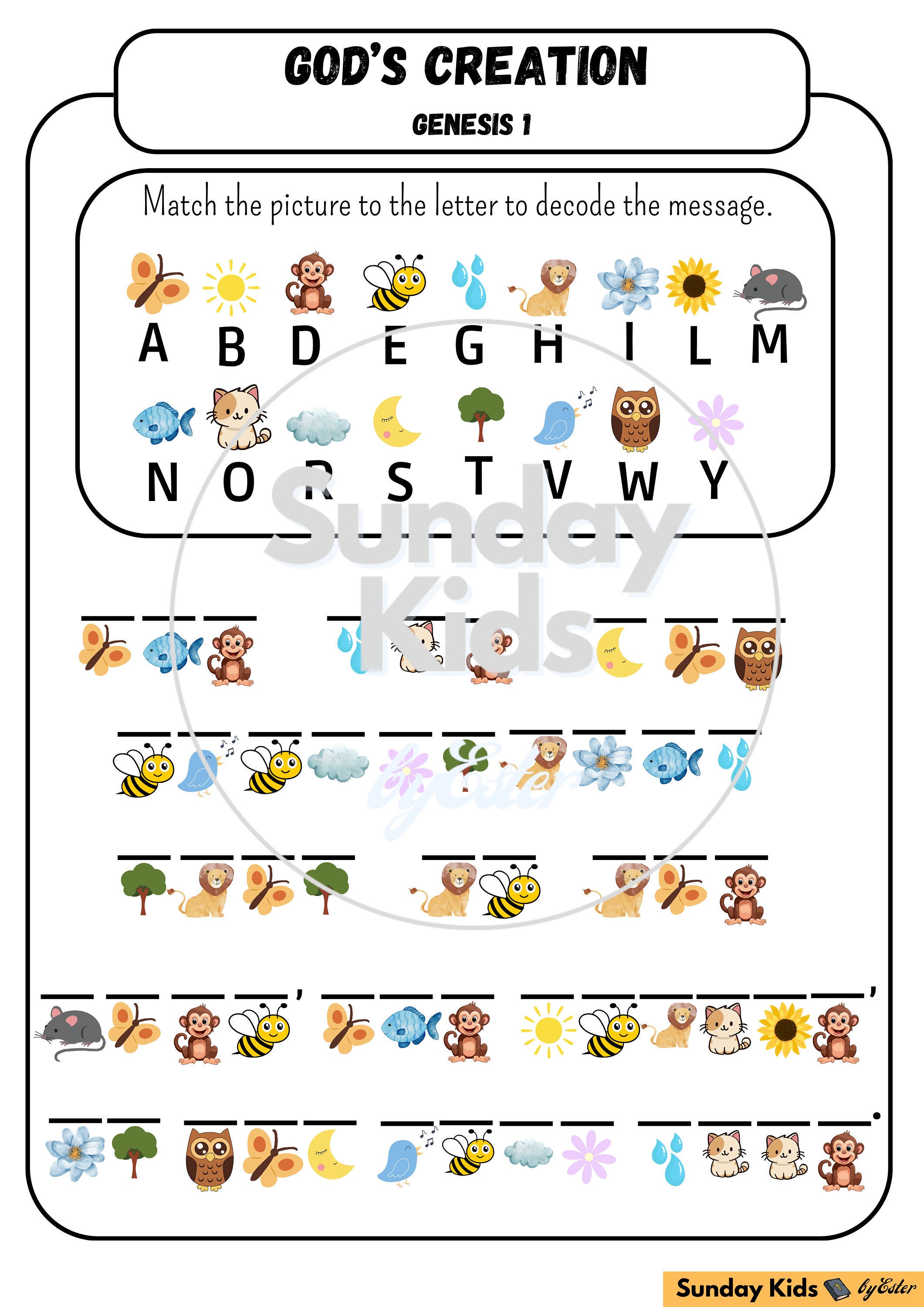 Creation Genesis 1:31 ENGLISH Bible Activity Sheet Decoder for Sunday ...