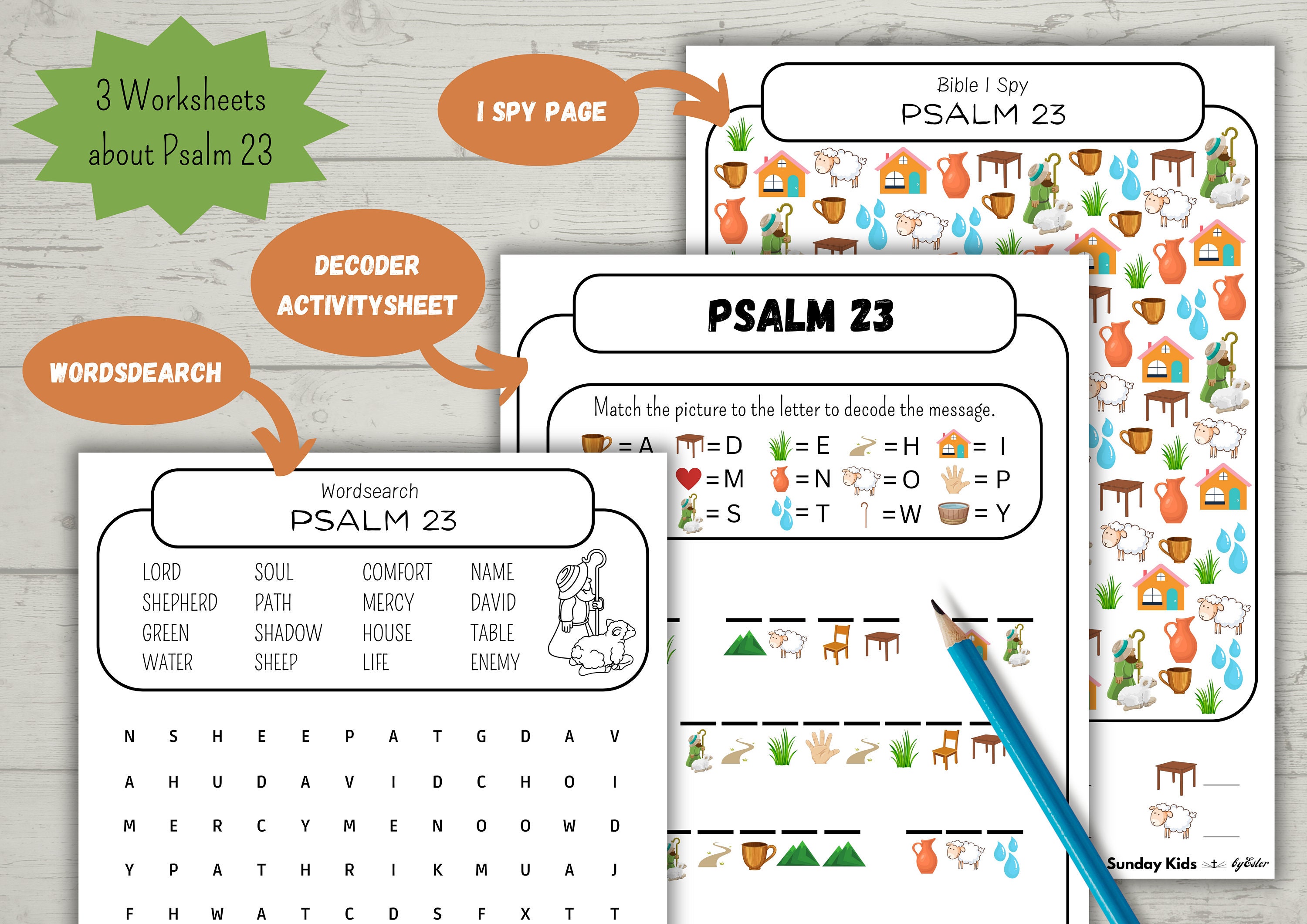 Psalm 23 Activity Sheet Pack of 3 ENGLISH I Spy Page, Wordsearch Puzzle ...