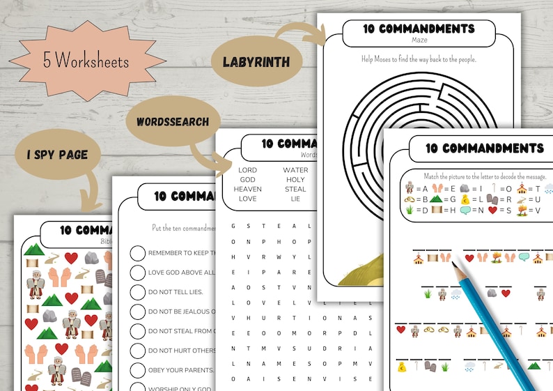 Ten Commandments Activitysheet Pack of 3 ENGLISH I Spy Page Wordsearch ...
