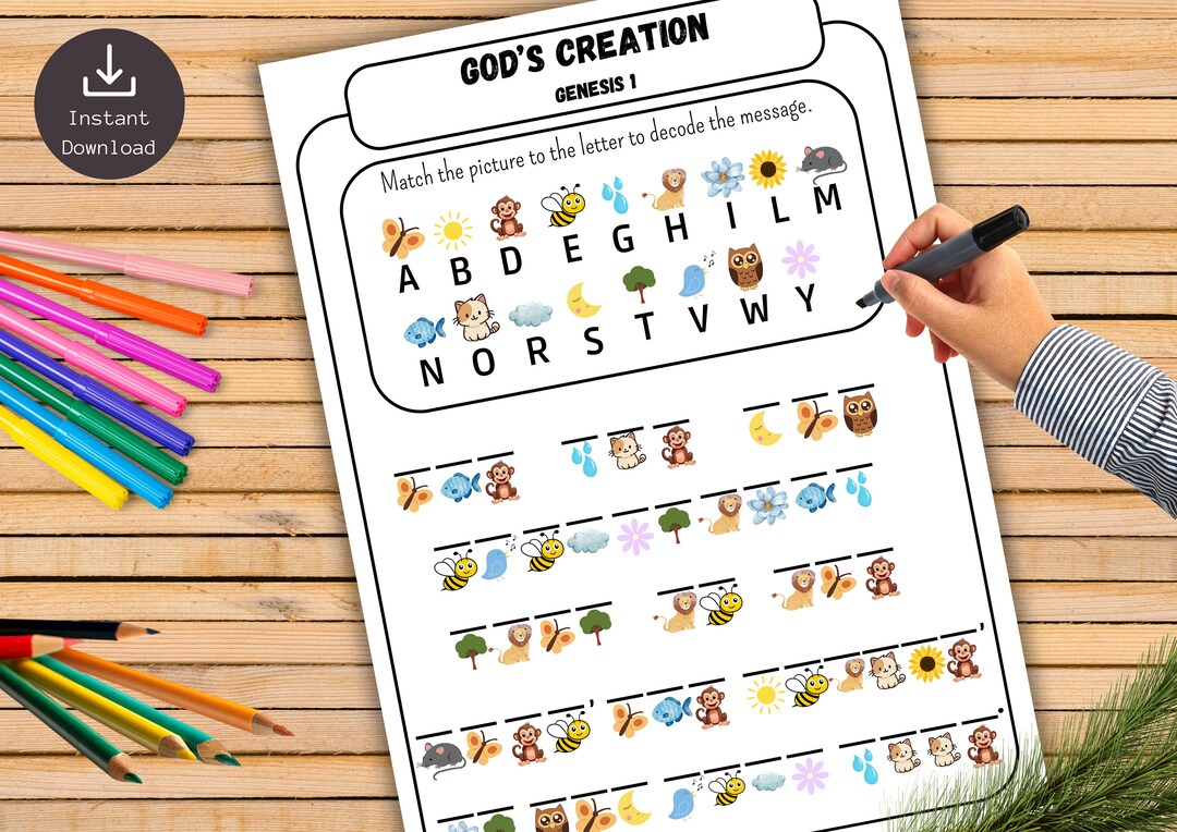 Creation Genesis 1:31 ENGLISH Bible Activity Sheet Decoder for Sunday ...