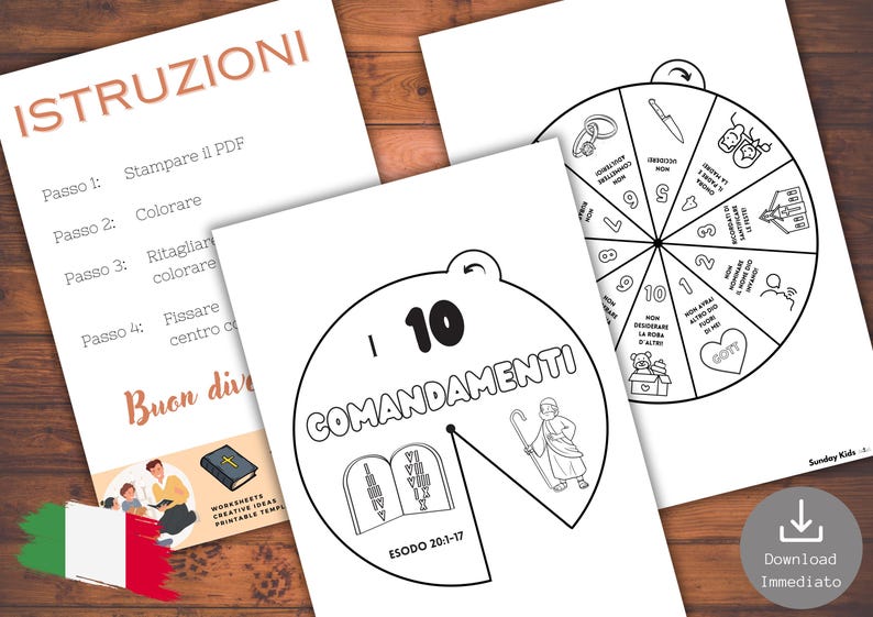 The Ten Commandments Bible Coloring Wheel Craft ITALIAN Printable Bible ...
