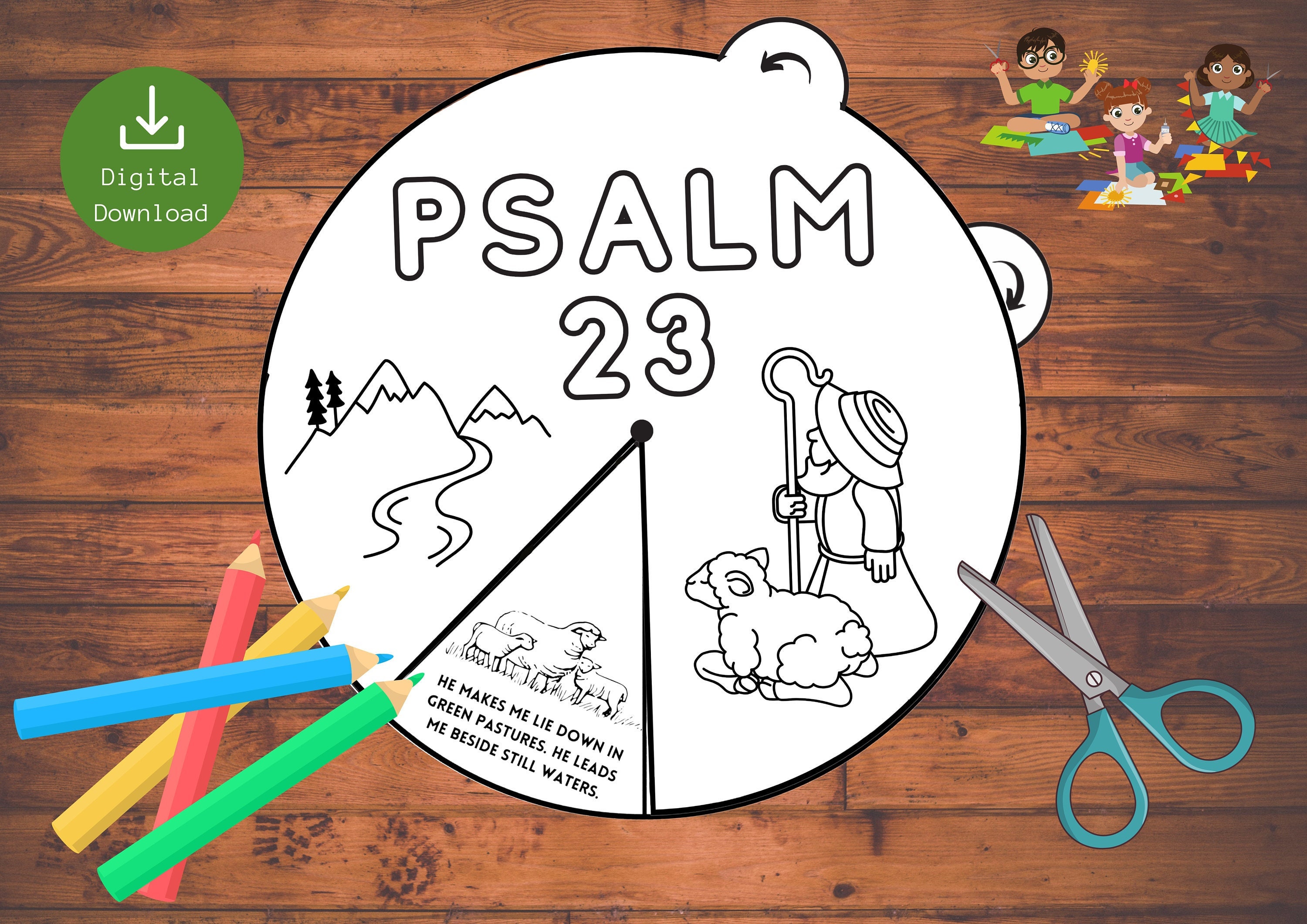 Psalm 23 Bible Coloring Wheel Craft ENGLISH Printable Bible Activity ...