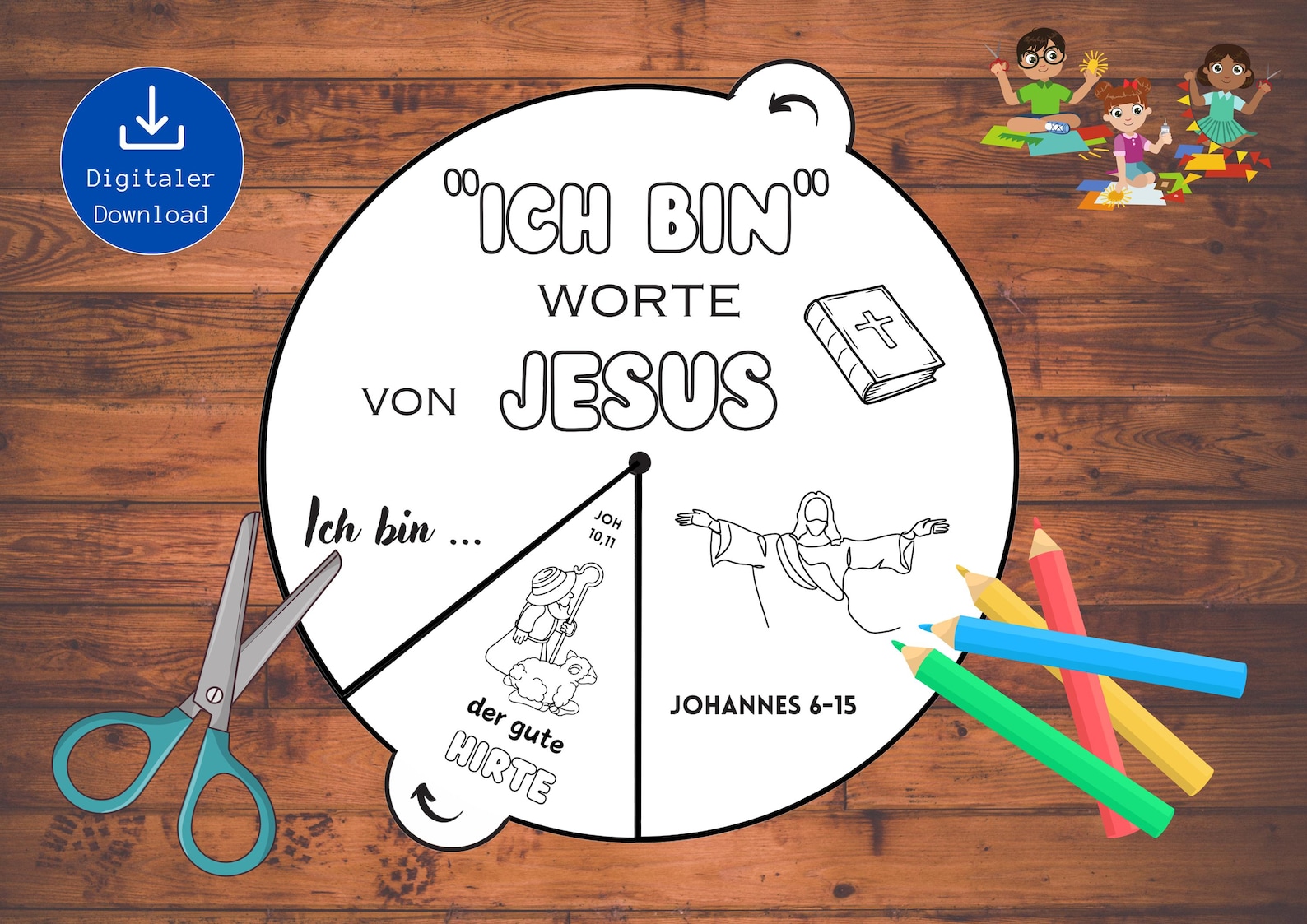 ICH BIN Worte von Jesus Ausmalrad Bastelvorlage DEUTSCH Bibel Kinder ...