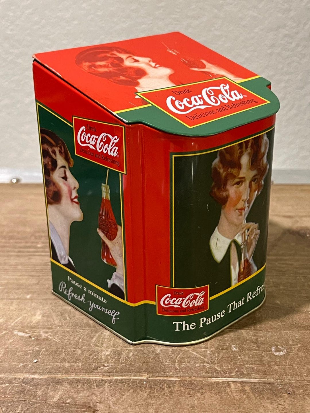 Drink Coca Cola Tin Container Vintage Woman Drinking Refresh Yourself ...