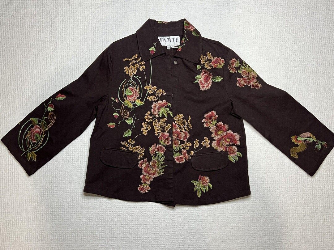 Entity Vintage Floral Embroidered Jacket Boho Blazer Size Small S 3/4 ...