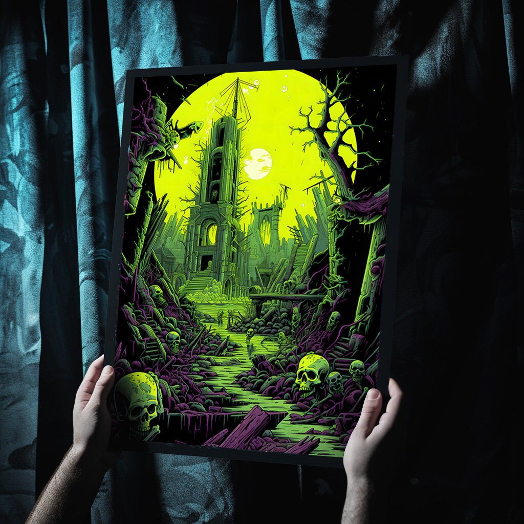 Physical Poster Enigmatic Neon Gothic Cathedral, Moonlit Fantasy Ruins ...