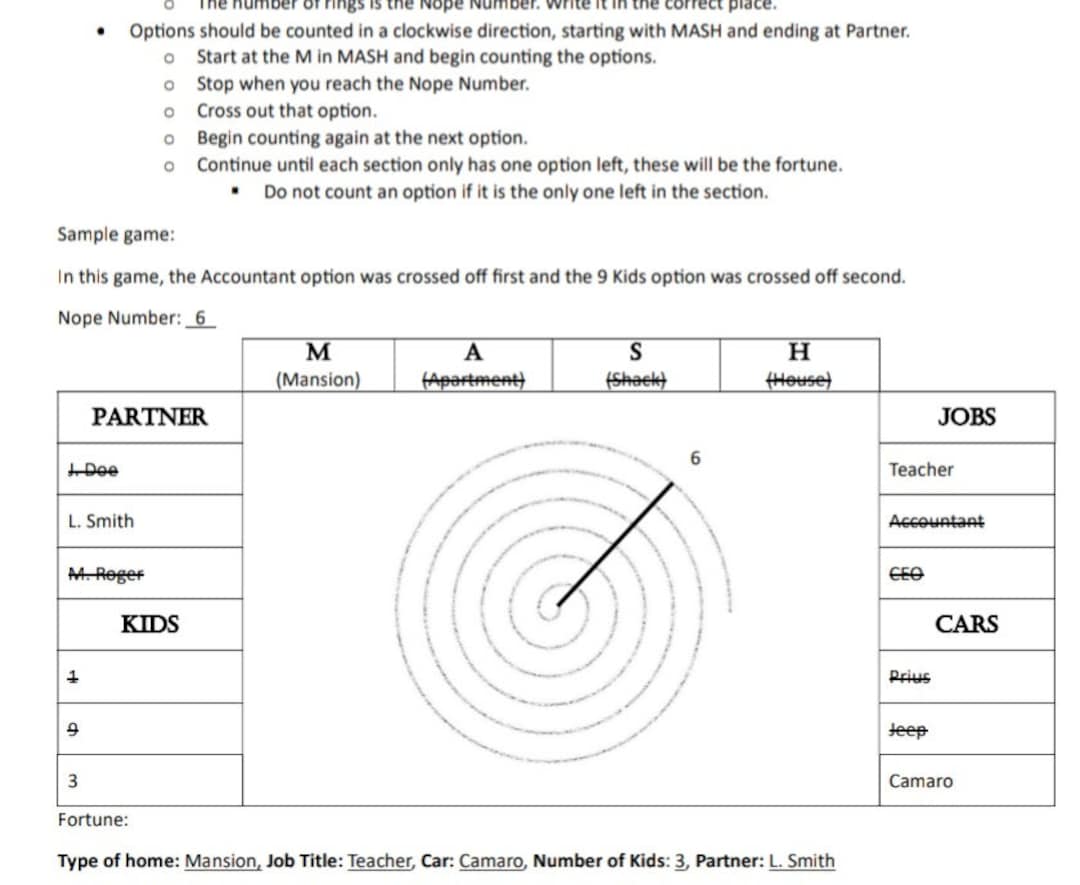 MASH Fortune Telling Template - Etsy