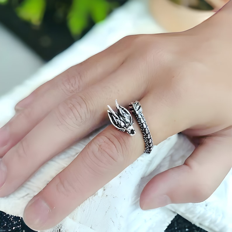 Silver Dragon Entangled Adjustable Ring, Punk Rings, Silver Dragon Ring ...