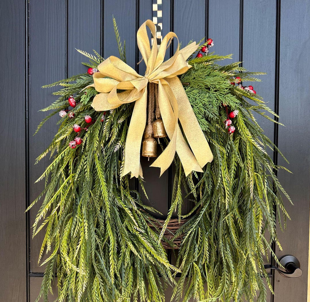 Winter Front Door Bell Wreath, Holiday Gold Bell Wreath, Red Berry ...