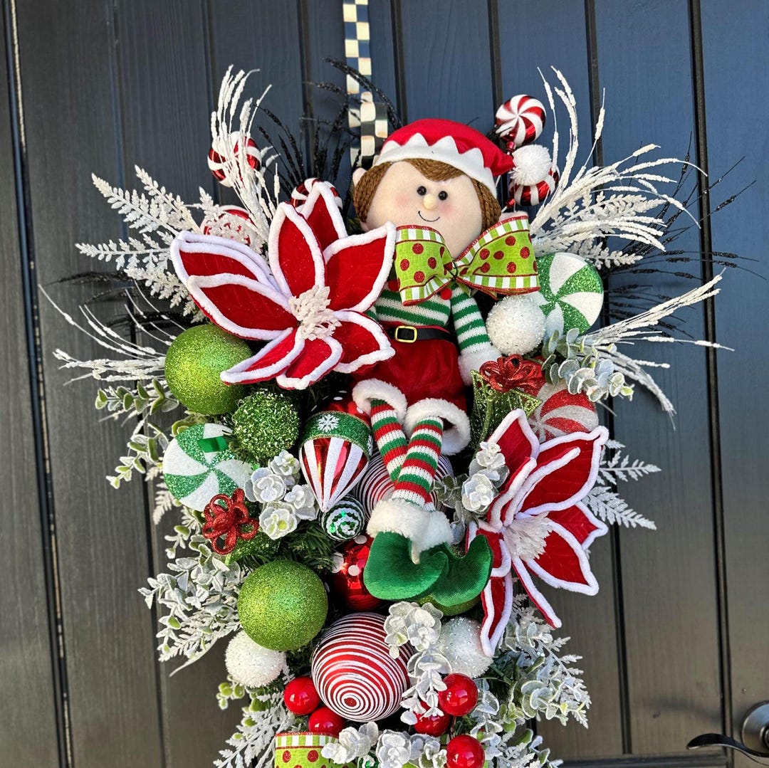 Large Festive Christmas Elf Swag, Elf Front Door Wreath, Holiday Door ...