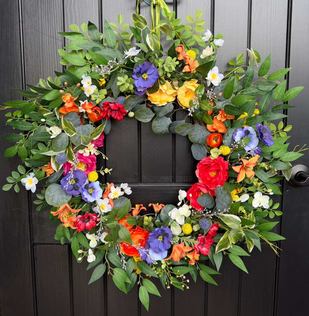 Large Vibrant Floral Front Door Spring Wreath, Summer or Year Round ...
