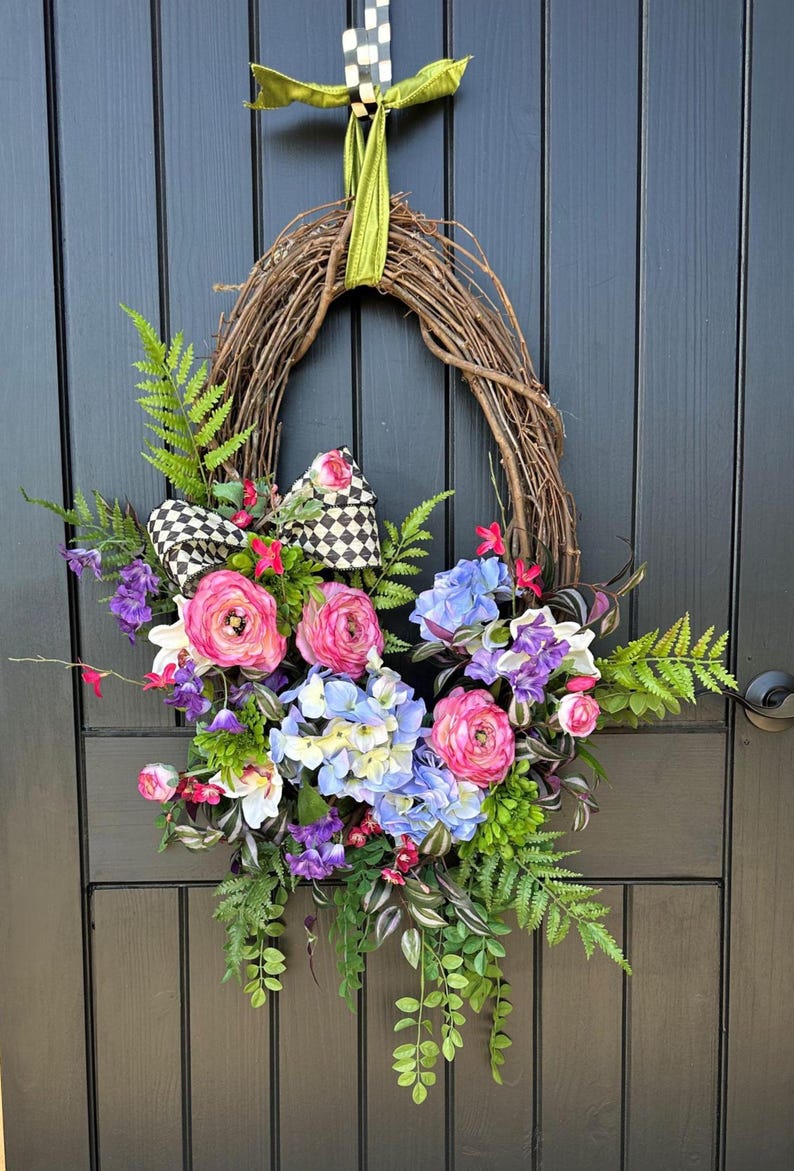 Elegant Floral Door Wreath, Blue Hydrangea Door Hanger, Pink Designer ...