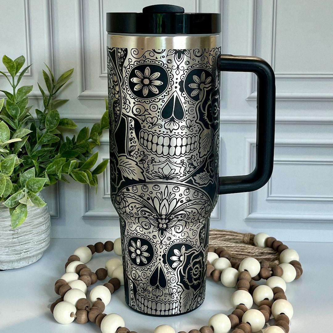 40 Oz Tumbler Sugar Skulls Skull Handle Straw Customized Laser Engraved ...