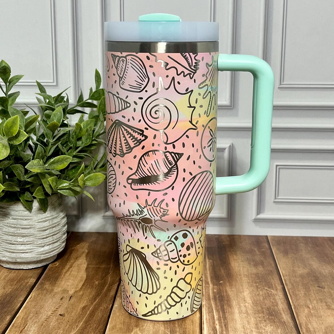 40 Oz Sea Shells Beach Ocean Shell Tumbler Laser Engraved Handle Straw ...