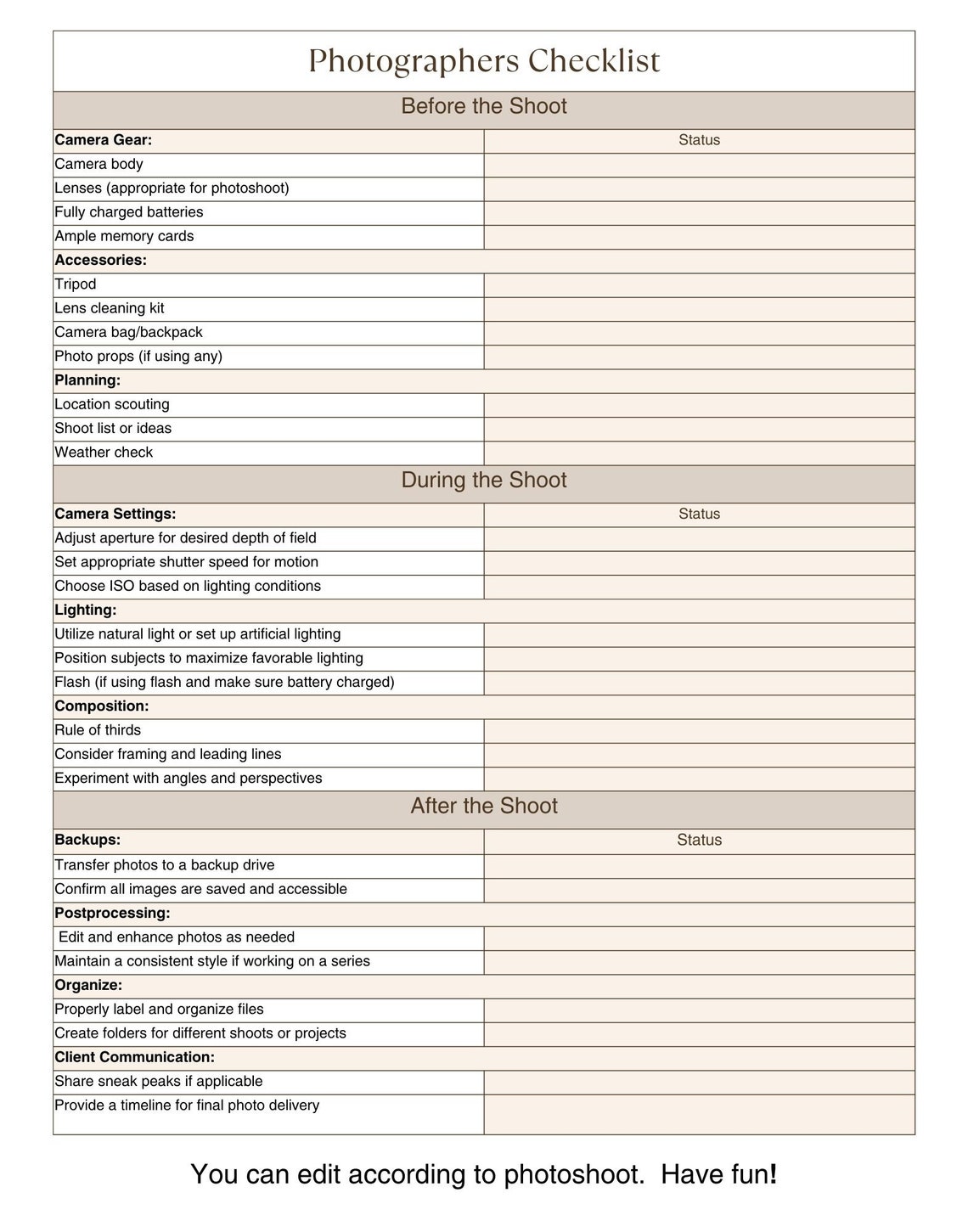 Editable Photographers Checklist - Etsy