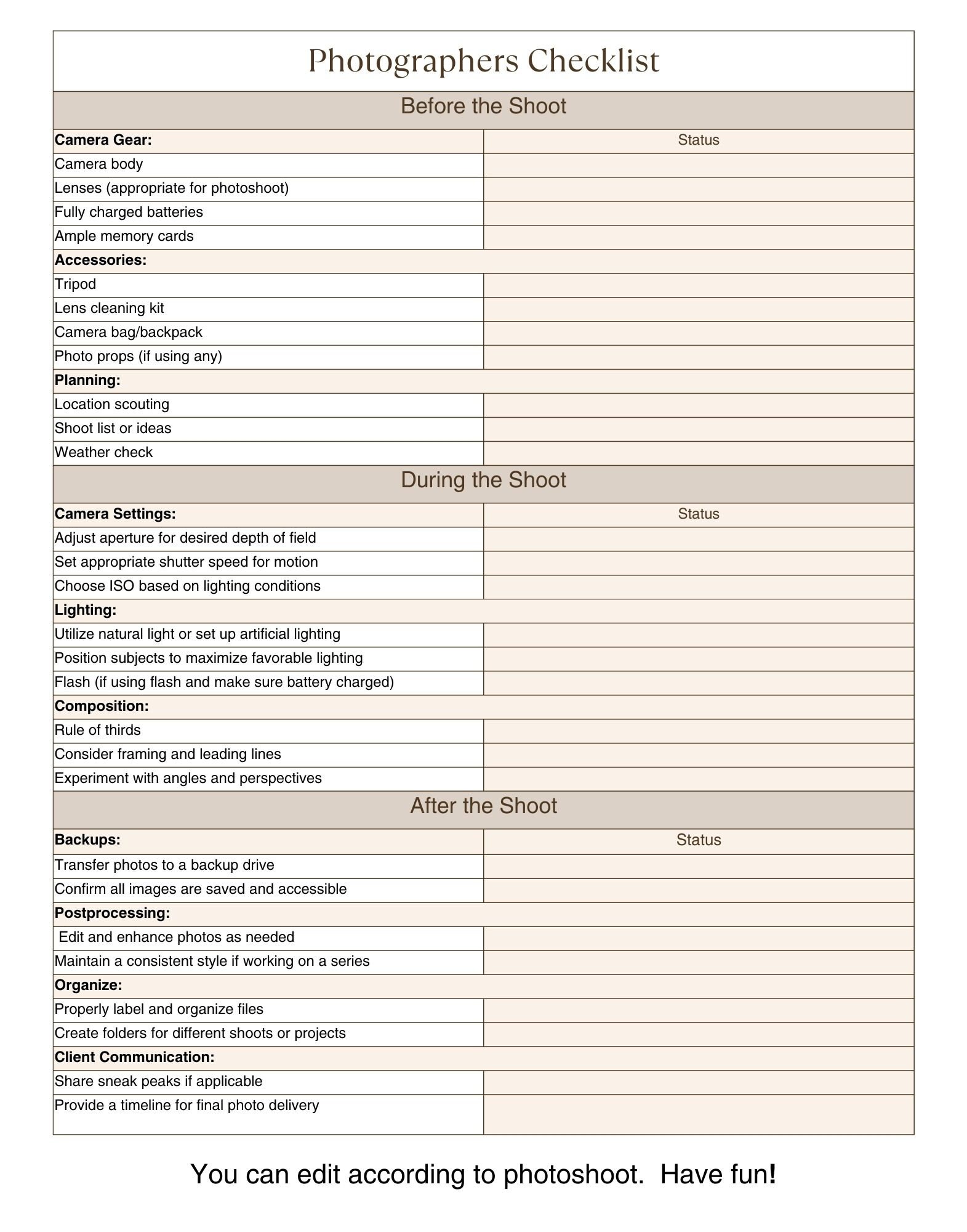 Editable Photographers Checklist - Etsy