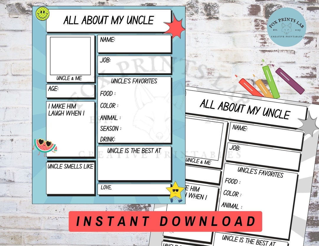 All About Uncle Father's Day Printable | INSTANT DOWNLOAD | Kids ...