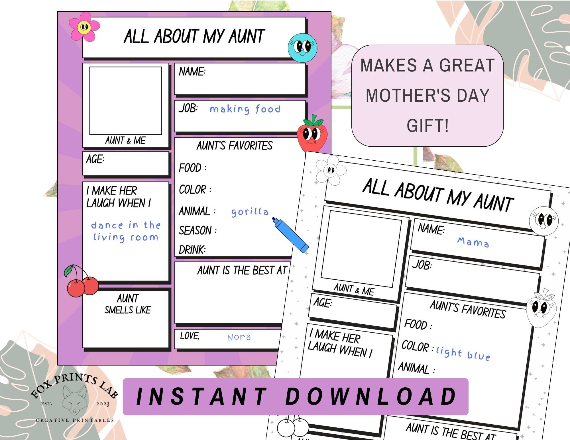 All About Aunt mother's Day Printable INSTANT DOWNLOAD kids Activity ...