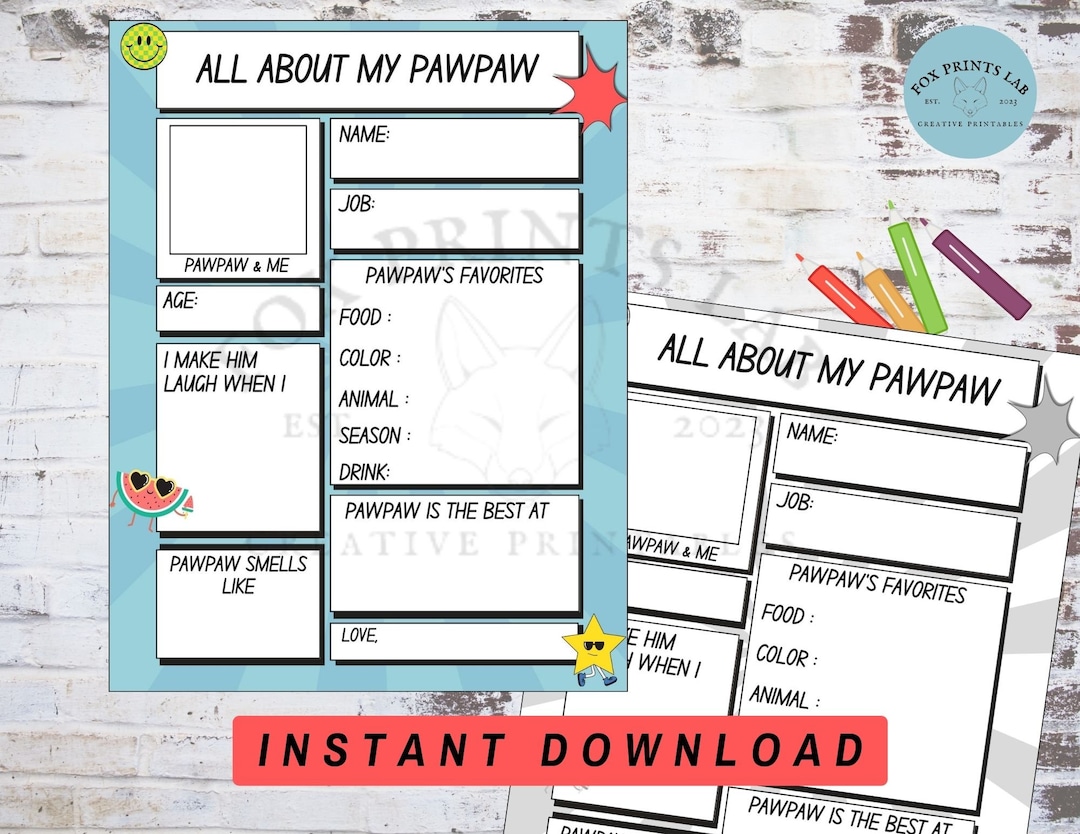All About Pawpaw Father's Day Printable | INSTANT DOWNLOAD | Kids ...