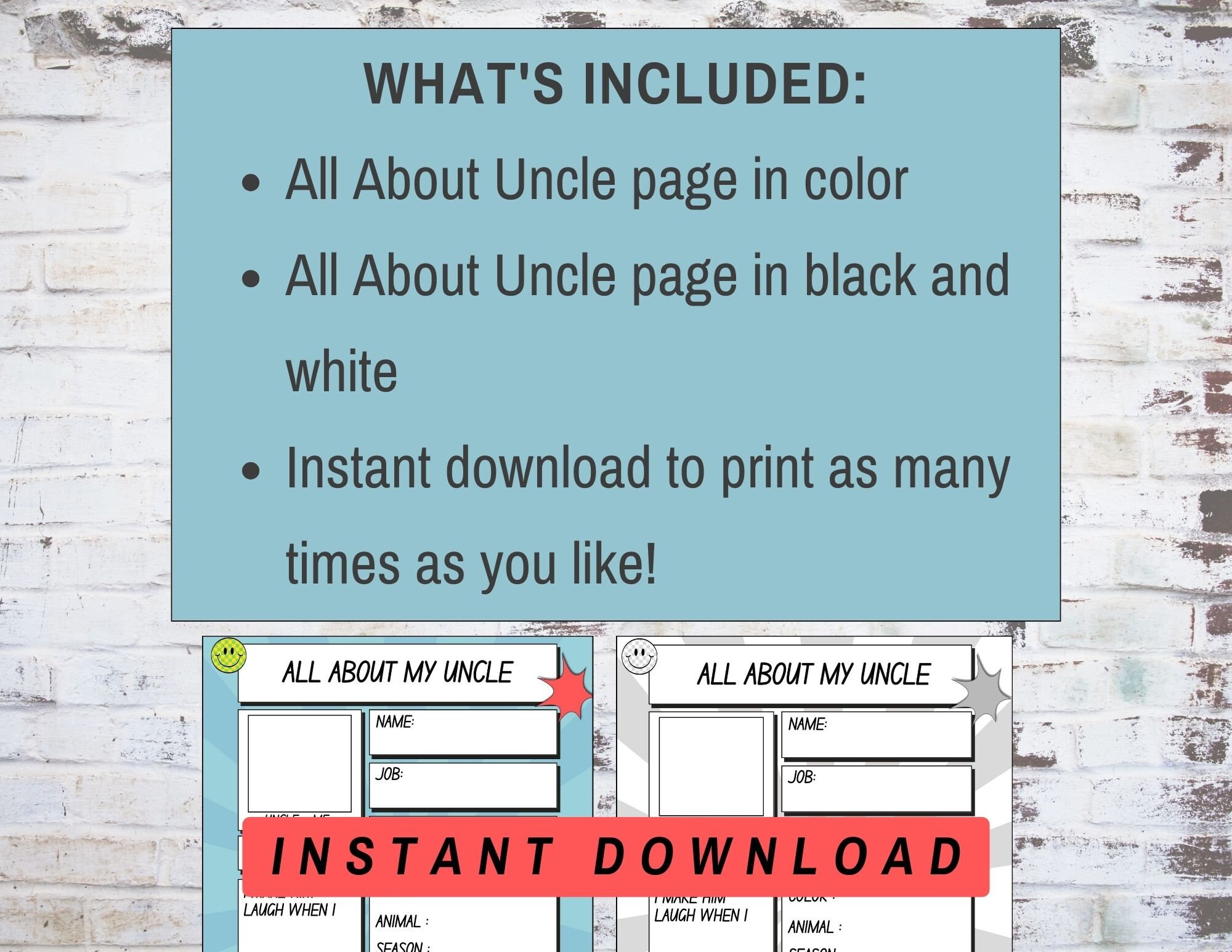 All About Uncle Father's Day Printable | INSTANT DOWNLOAD | Kids ...