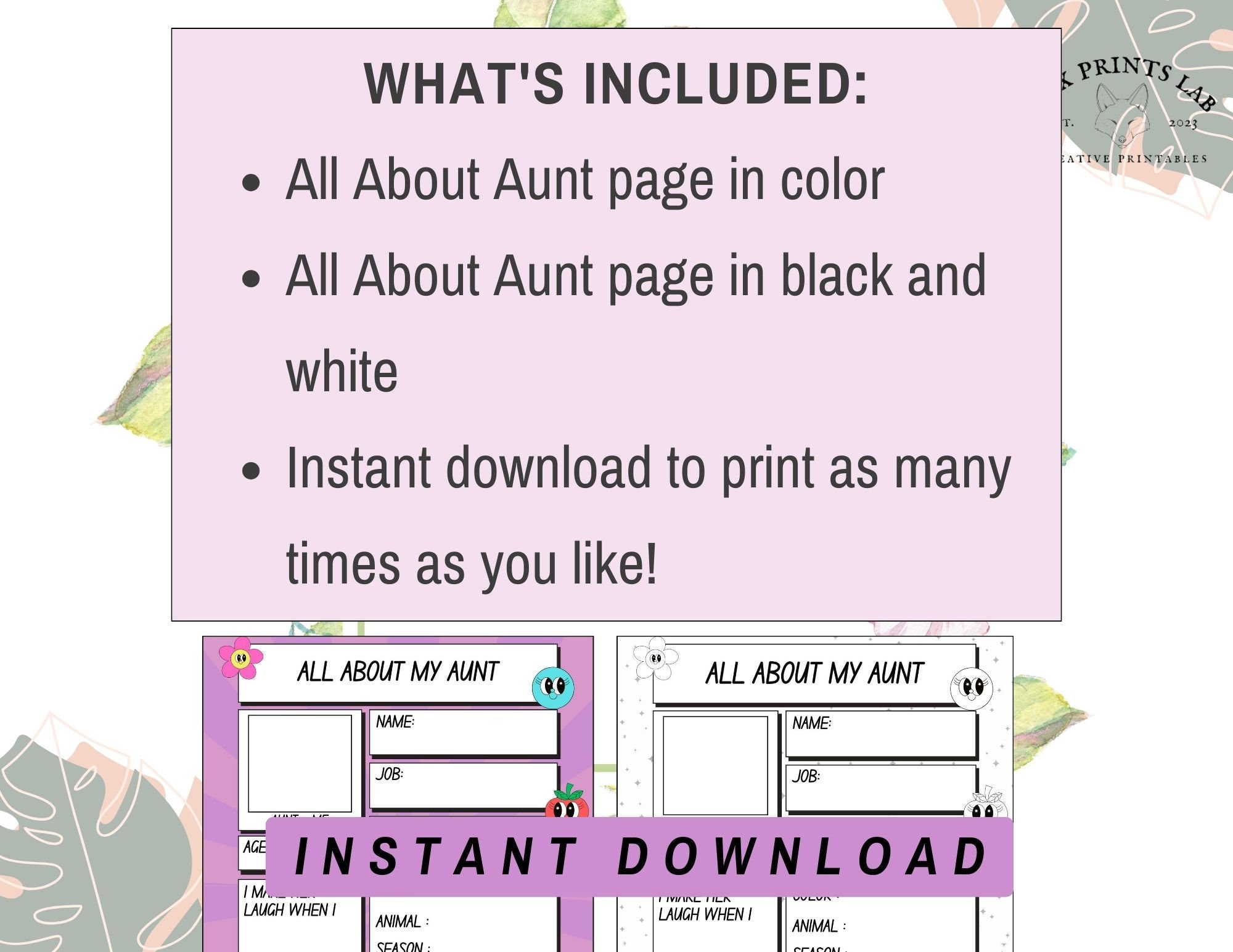 All About Aunt mother's Day Printable INSTANT DOWNLOAD kids Activity ...