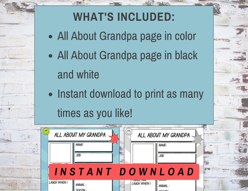 All About Grandpa Father's Day Printable INSTANT DOWNLOAD Kids Activity ...