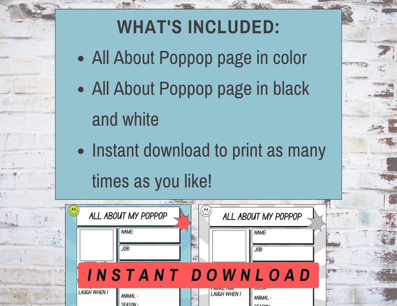 All About Poppop Father's Day Printable INSTANT DOWNLOAD Kids Activity ...