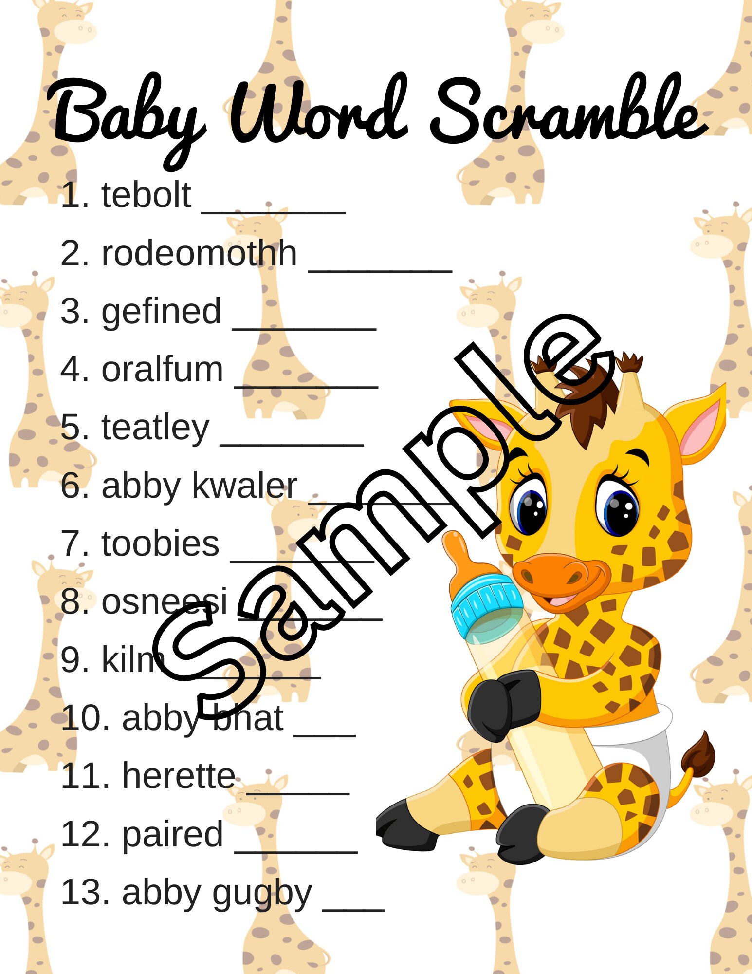 12 Giraffe Printable Baby Shower Games - Etsy