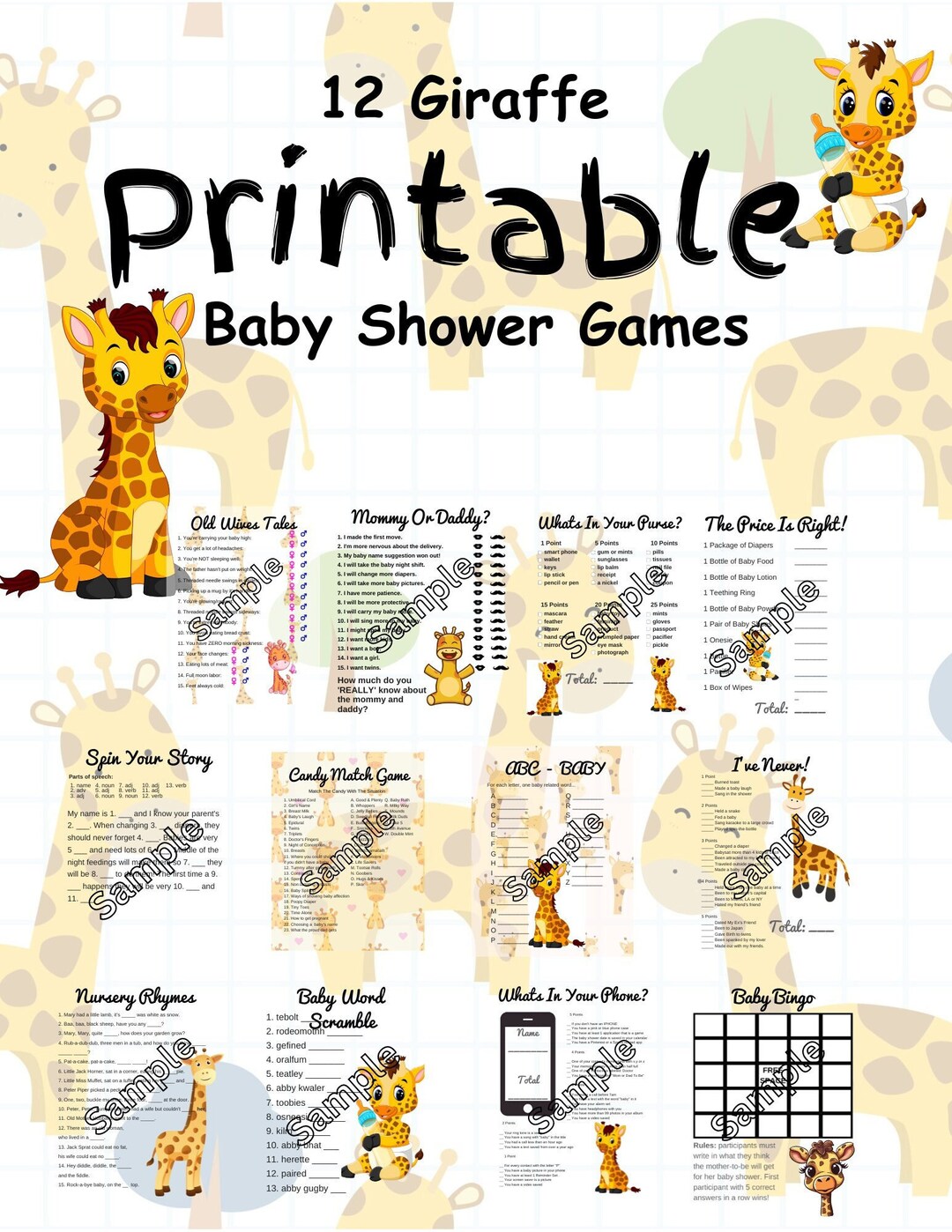 12 Giraffe Printable Baby Shower Games - Etsy