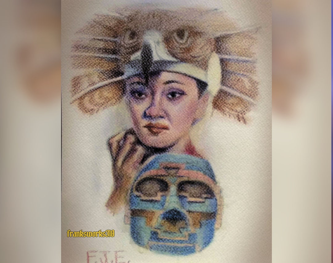 Tami Portrait Poster, Girl With Mask & Eagle Headdress Print, Pastel on ...