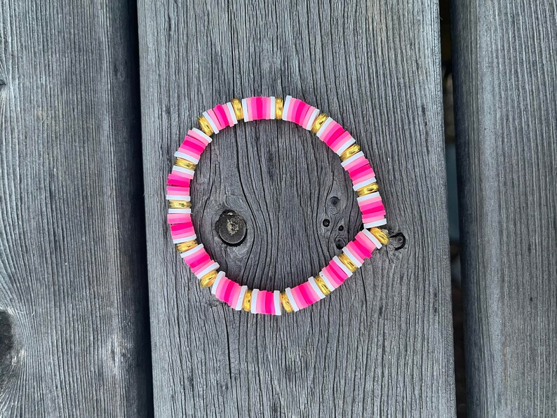 Pink and Gold Clay Bead Bracelet - Etsy