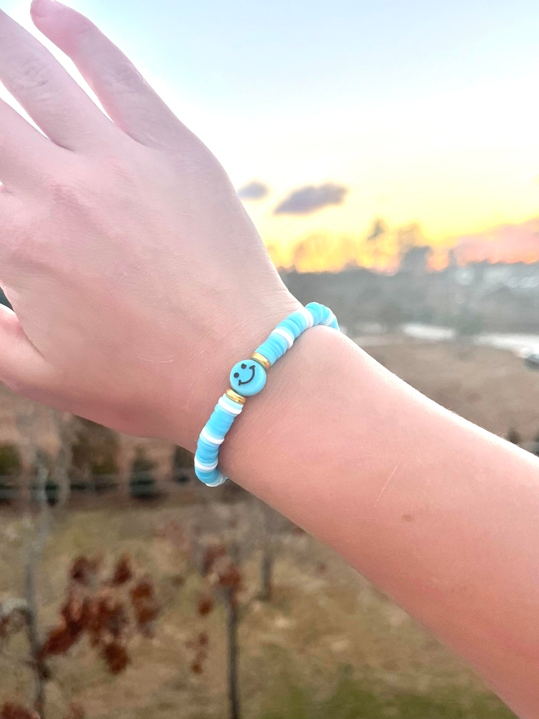 Blue and White and Gold Smiley Face Clay Bead Bracelet - Etsy