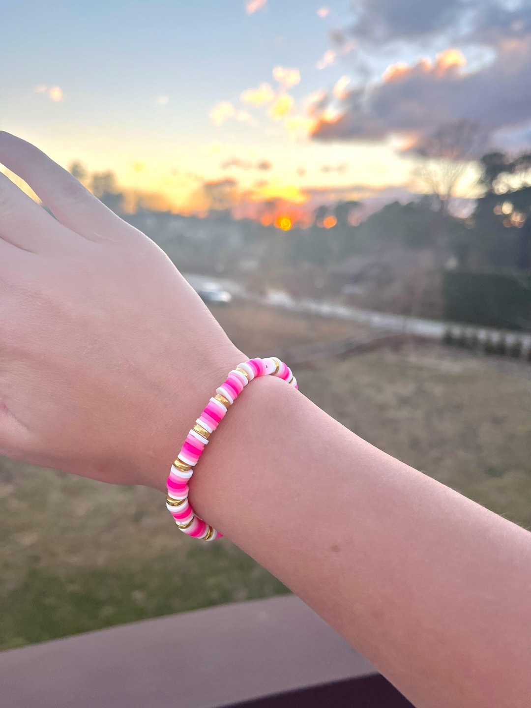 Pink and Gold Clay Bead Bracelet - Etsy