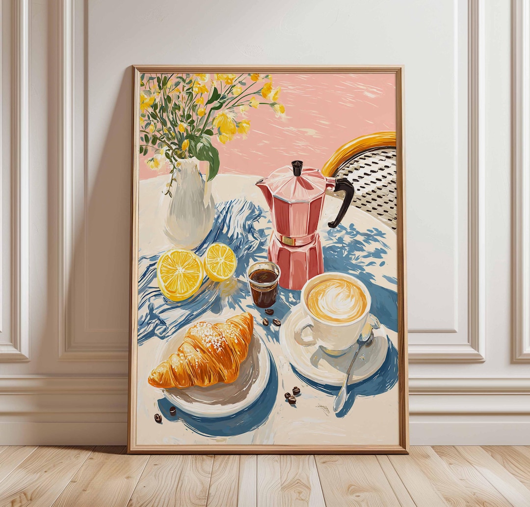 French Café Breakfast Art Print – Coffee and Croissant Kitchen Wall Art ...
