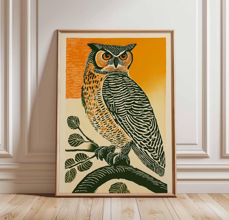 Great Horned Owl Wall Art, Bold Orange Green Bird Print, Linocut Style ...