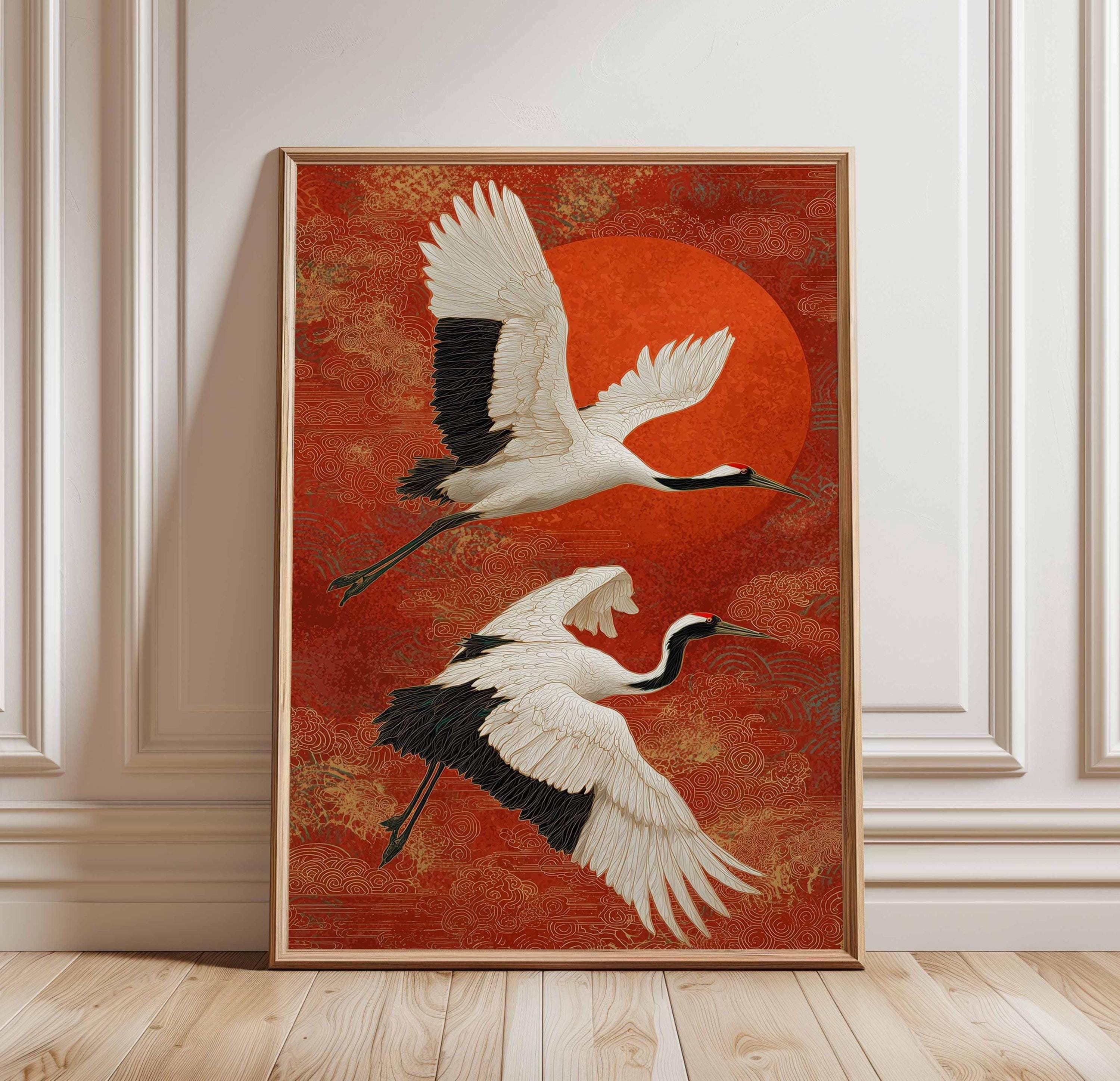 Japanese Crane Poster Red Sun Wall Art – Elegant Oriental Bird Print ...