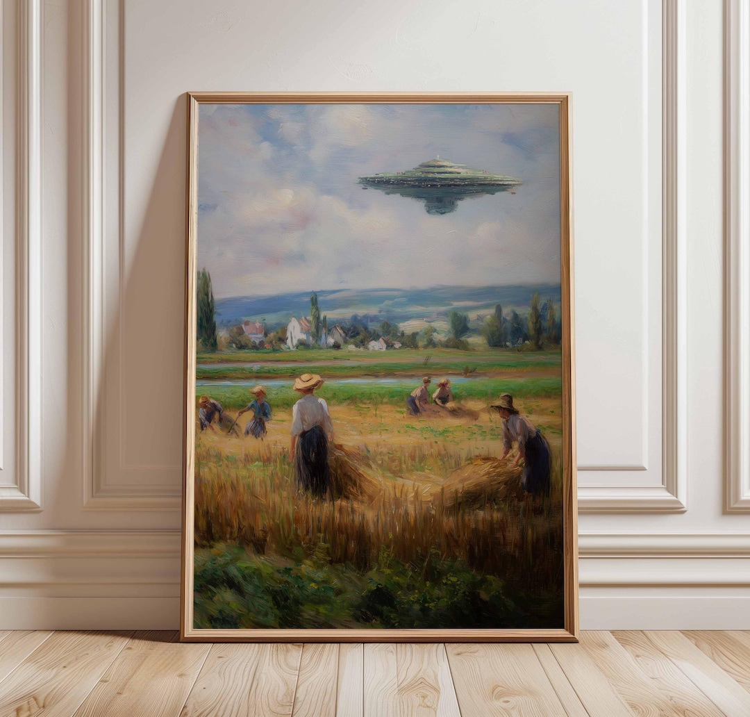 UFO in Wheat Field Wall Art Print, Surreal Alien Invasion Poster ...