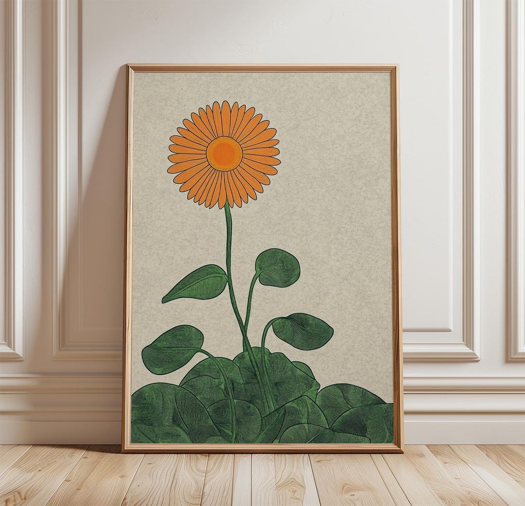 Minimal Daisy Flower Poster Print | Retro Botanical Wall Art | Sun and ...