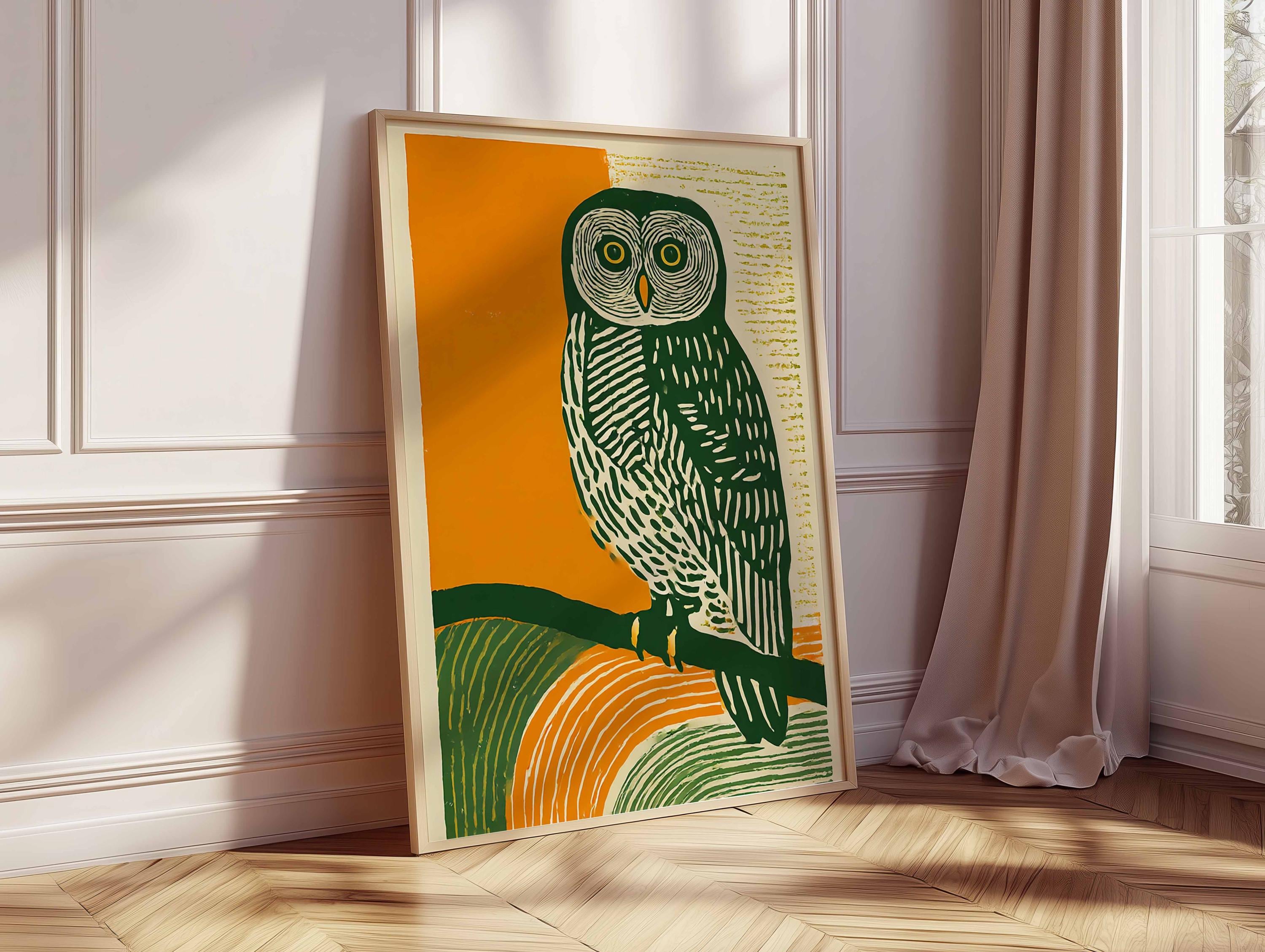 Green Owl Wall Art, Bold Orange Folk Art Poster, Linocut Bird Print ...