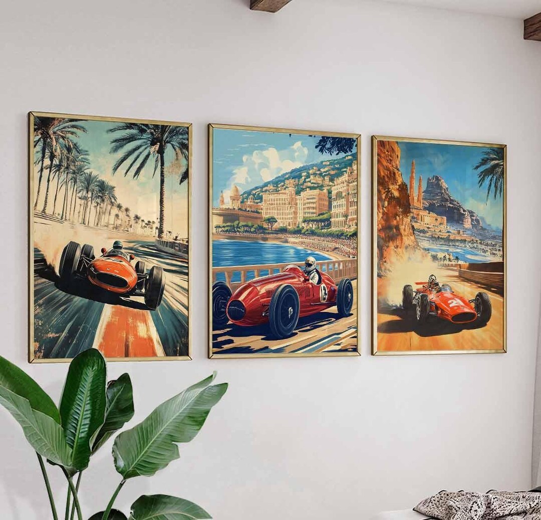 Vintage Racing Car Poster Set, Retro Ferrari Art, Monaco Grand Prix ...