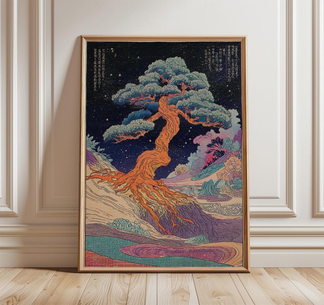 Cosmic Bonsai Poster, Fantasy Night Sky Tree Art, Vibrant Landscape ...