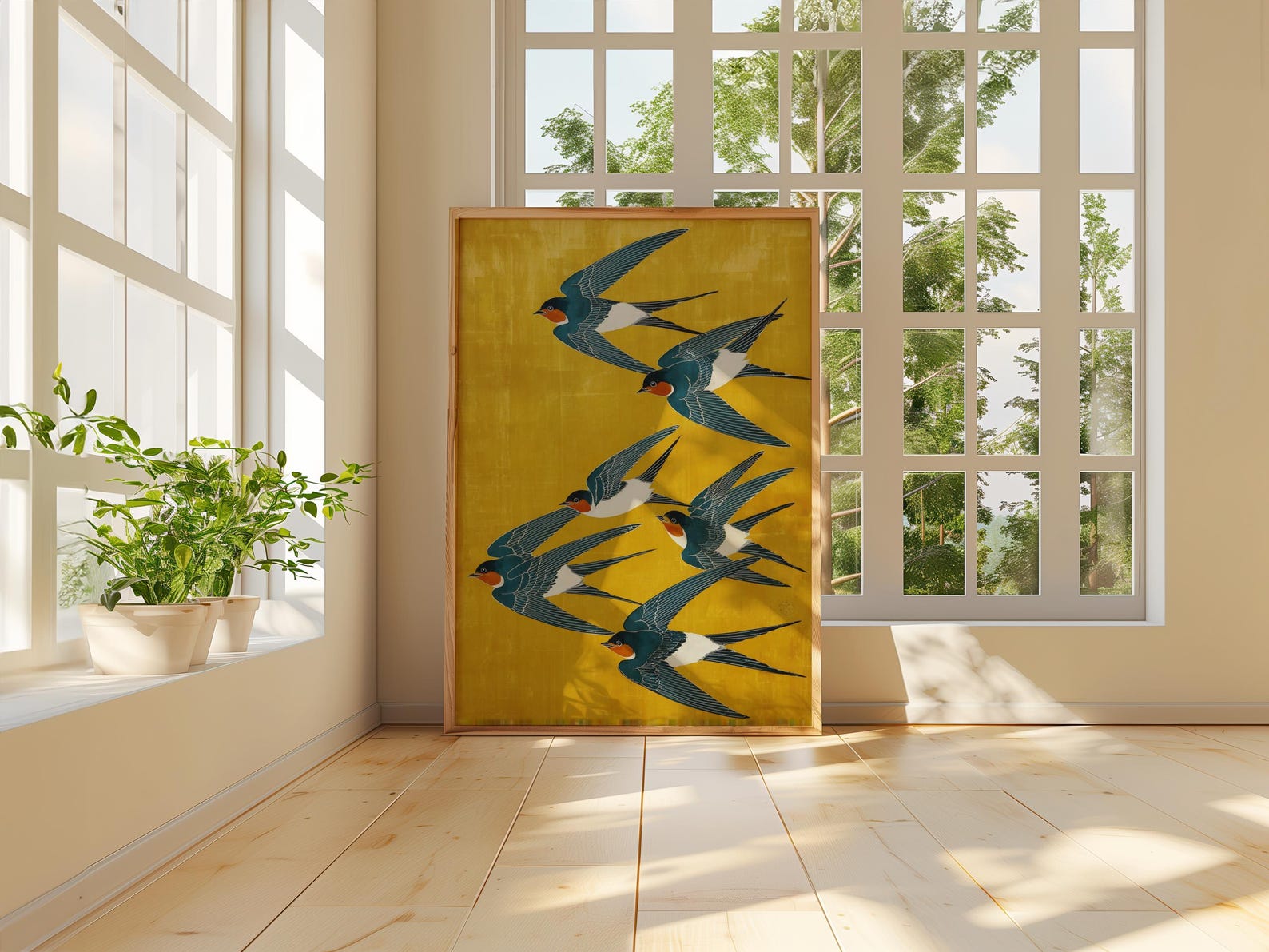 Swallow Birds Poster, Japanese Art Print, Yellow and Blue Wall Art ...
