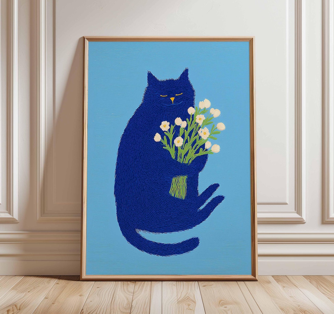 Blue Cat Poster, Modern Animal Wall Art Print, Quirky Cat Holding ...