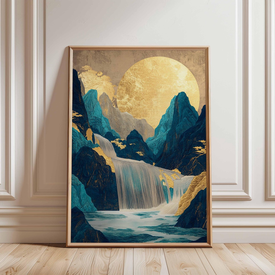 Golden Waterfall Poster, Japanese Landscape Wall Art, Blue Gold ...