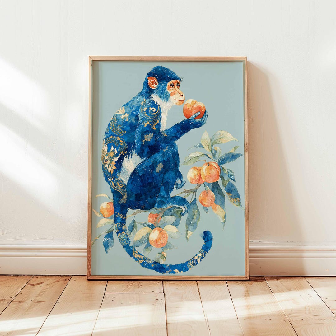 Blue Monkey Art Print – Decorative Jungle Animal Poster, Peach Tree ...