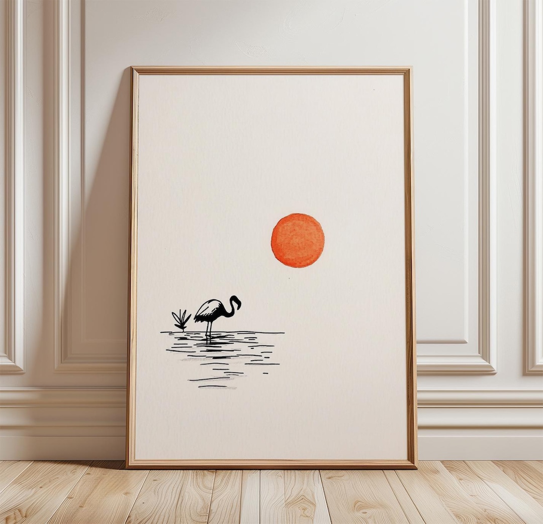 Japanese Crane Poster | Minimal Ink Line Art Print | Red Sun Wall Decor ...