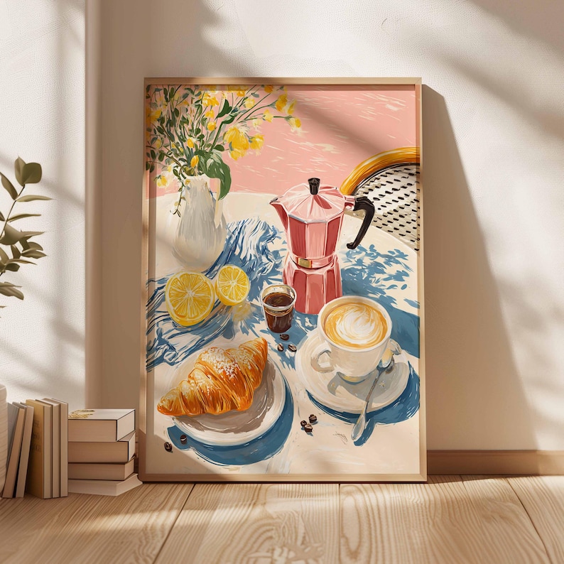 French Café Breakfast Art Print – Coffee and Croissant Kitchen Wall Art ...