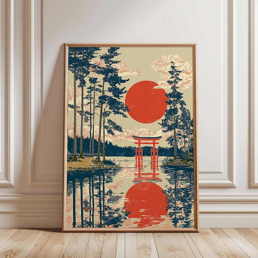 Japanese Torii Gate Poster Lakeside Shrine Wall Art Red Sun Landscape ...